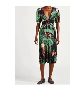 Farm Rio Short-sleeved V-neck Midi Dress With Tropical Print