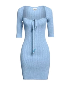 GANNI Ribbed Knit Square Neck Dress With Tie Detail - Blue