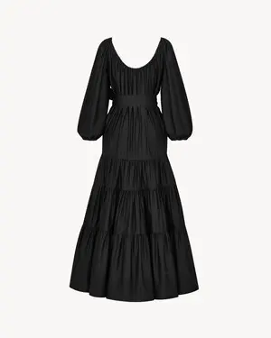 Saint Laurent Long Sleeve V-neck Maxi Dress With Belt And Tiered Skirt - Black