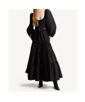 Saint Laurent Long Sleeve V-neck Maxi Dress With Belt And Tiered Skirt - Black