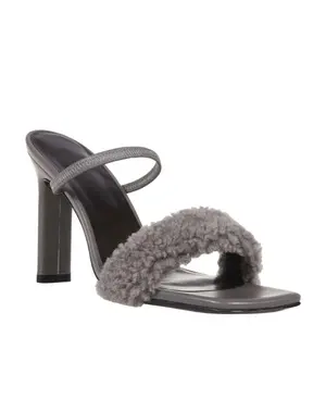 By Far Shearling Strap Open Toe High Heel Sandals - Gray