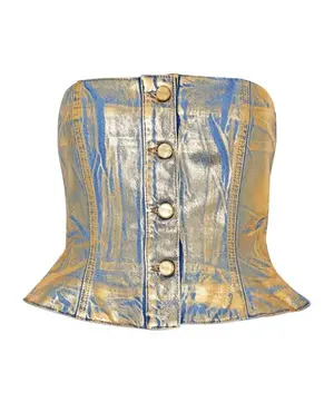 GANNI Foil-print Strapless Denim Top - Nude