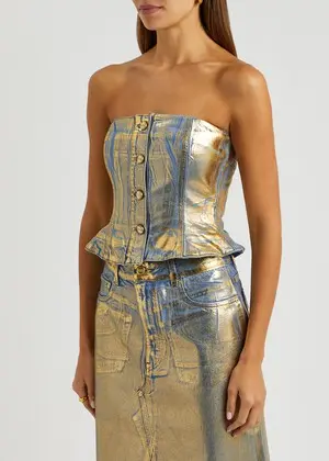 GANNI Foil-print Strapless Denim Top