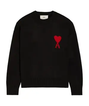AMI Paris Red Heart Logo Crew Neck Knit Sweater - Black