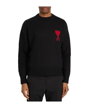 AMI Paris Red Heart Logo Crew Neck Knit Sweater