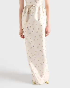 Prada Long Floral Print Silk And Wool Dress - Cream