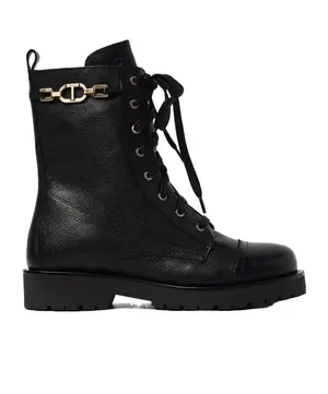 TWINSET Chain And Oval T Leather Combat Boots - Black