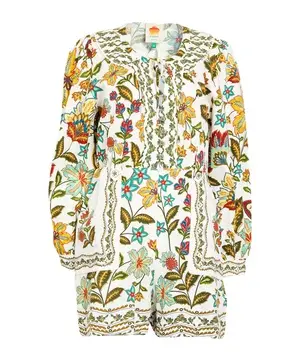 Farm Rio Floral Print Long Sleeve V-neck Jumpsuit With Belt - White