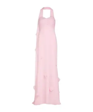 SELF-PORTRAIT Floral Appliqué Chiffon Maxi Dress With Scarf Detail - Pink