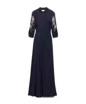 Prada Long Embroidered Sablé Dress - Navy