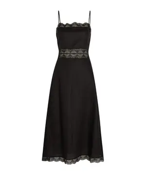Staud Slim-fit Minimalist Lace-trimmed Linen Midi Dress - Black
