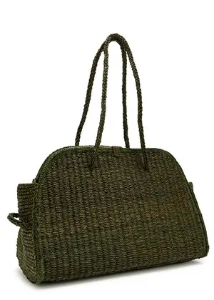 Jacquemus Raffia Tote Bag With Woven Leaf Charm - Black