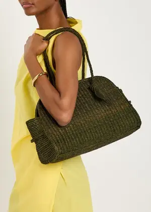 Jacquemus Raffia Tote Bag With Woven Leaf Charm - Black