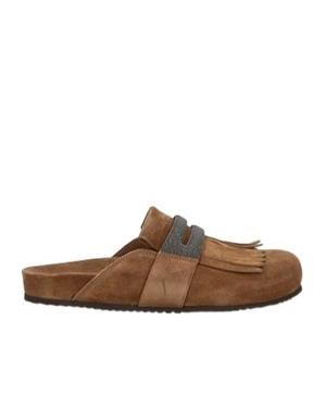 Brunello Cucinelli Flat Clogs With Fringes And Embellishments - Brown