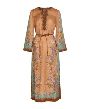 Zimmermann Indra Belted Printed Linen Midi Tunic Dress - Brown