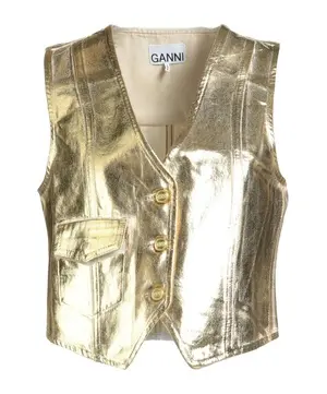 GANNI Metallic Coated Effect Denim Vest - Nude