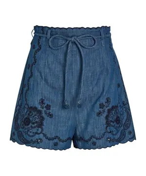 Zimmermann Aster Embroidered Belted Denim Shorts