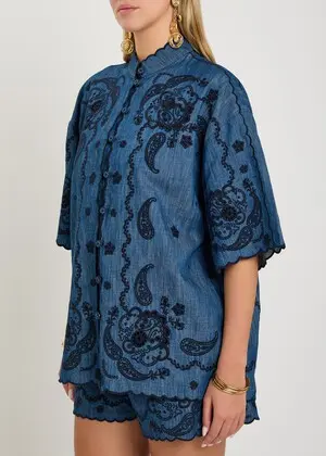 Zimmermann Aster Embroidered Denim Shirt - Blue