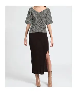 GANNI Plaid Ruched V-neck Top