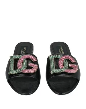 Dolce & Gabbana Embellished Lizard-effect Leather Slide Sandals