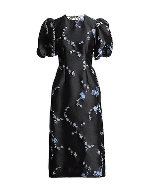 GANNI Floral Print Puff Sleeve Midi Dress - Black