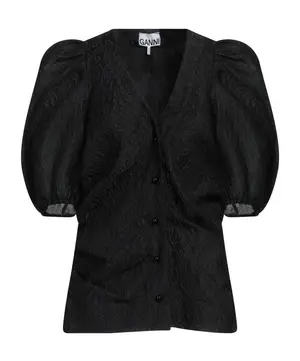 GANNI Jacquard Puff Sleeve V-neck Shirt