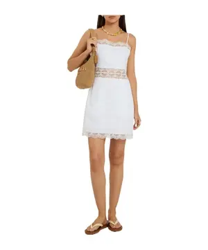 Staud Linen Square Neck Dress With Guipure Lace Trims