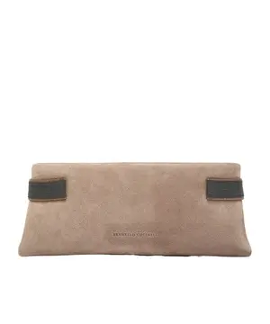 Brunello Cucinelli Bead Embellished Suede Clutch - Nude