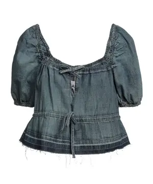GANNI Denim Short Sleeve Top With Lace-up Detail - Green