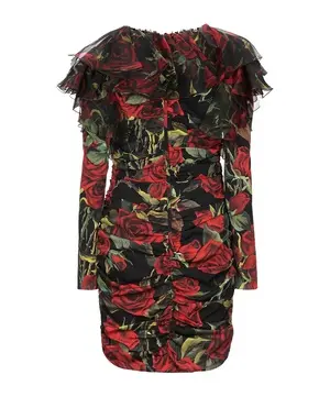 Dolce & Gabbana Floral Print Long Sleeve Ruched Dress - Black