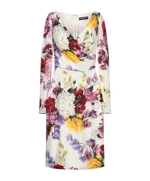 Dolce & Gabbana Floral Print Long Sleeve V-neck Dress - White