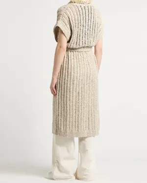 Brunello Cucinelli Long Crochet Cardigan With Belt And Sequins - Nude