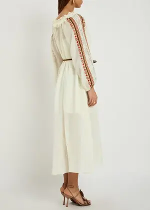 Zimmermann Aster Embroidered Belted Ramie Maxi Dress - White