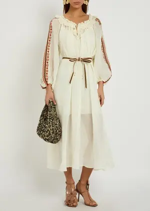 Zimmermann Aster Embroidered Belted Ramie Maxi Dress - White