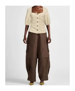 GANNI Plaid Square Neck Ruched Top