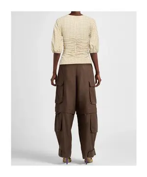 GANNI Plaid Square Neck Ruched Top