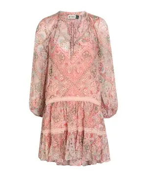 Rixo Printed Georgette Mini Dress With Lace Inserts And Balloon Sleeves - Pink