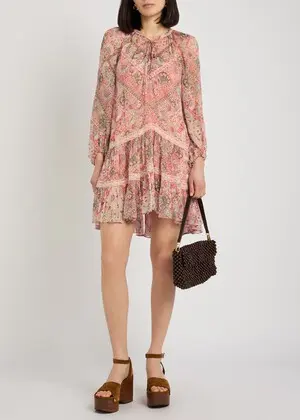 Rixo Printed Georgette Mini Dress With Lace Inserts And Balloon Sleeves