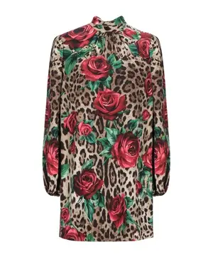 Dolce & Gabbana Leopard And Rose Print Long Sleeve Dress