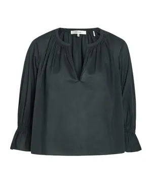 FRAME Frame V-Neck Cotton Shirt With Gathered Details And Elasticated Cuffs Black