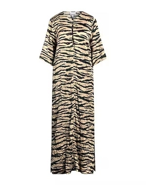 GANNI Tiger Print Satin Dress With 3/4 Sleeves - Nude
