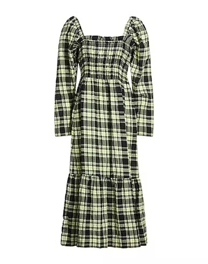 GANNI Plaid Off-the-shoulder Seersucker Dress
