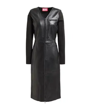 DIESEL® Leather V-neck Midi Dress With Zip Fastening - Black