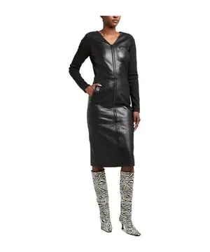 DIESEL® Leather V-neck Midi Dress With Zip Fastening