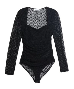 GANNI Solid Color Lace Long-sleeve Bodysuit - Black