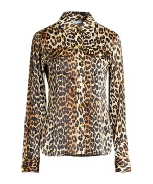 GANNI Leopard Print Satin Long Sleeve Shirt - Nude