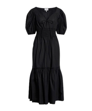 GANNI Flared Midi Dress With V-neck And Shirring - Black