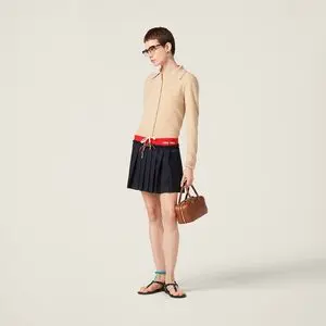 Miu Miu Pleated Batavia Skirt With Embroidered Logo And Drawstring Waist