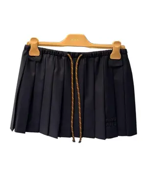 Miu Miu Pleated Batavia Skirt With Embroidered Logo And Drawstring Waist
