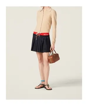 Miu Miu Pleated Batavia Skirt With Embroidered Logo And Drawstring Waist